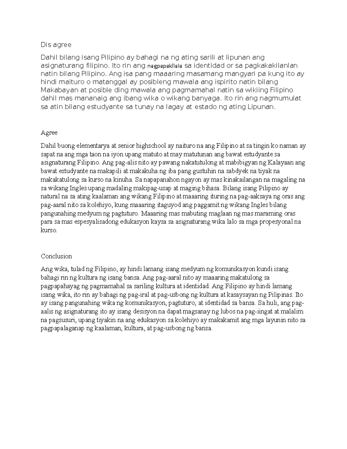 Debate sa Filipino - Dis agree Dahil bilang isang Pilipino ay bahagi na ...