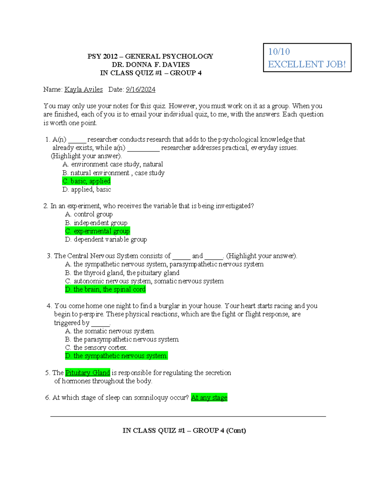 Q1 - Group Quiz 1 - PSY 2012 – GENERAL PSYCHOLOGY DR. DONNA F. DAVIES ...