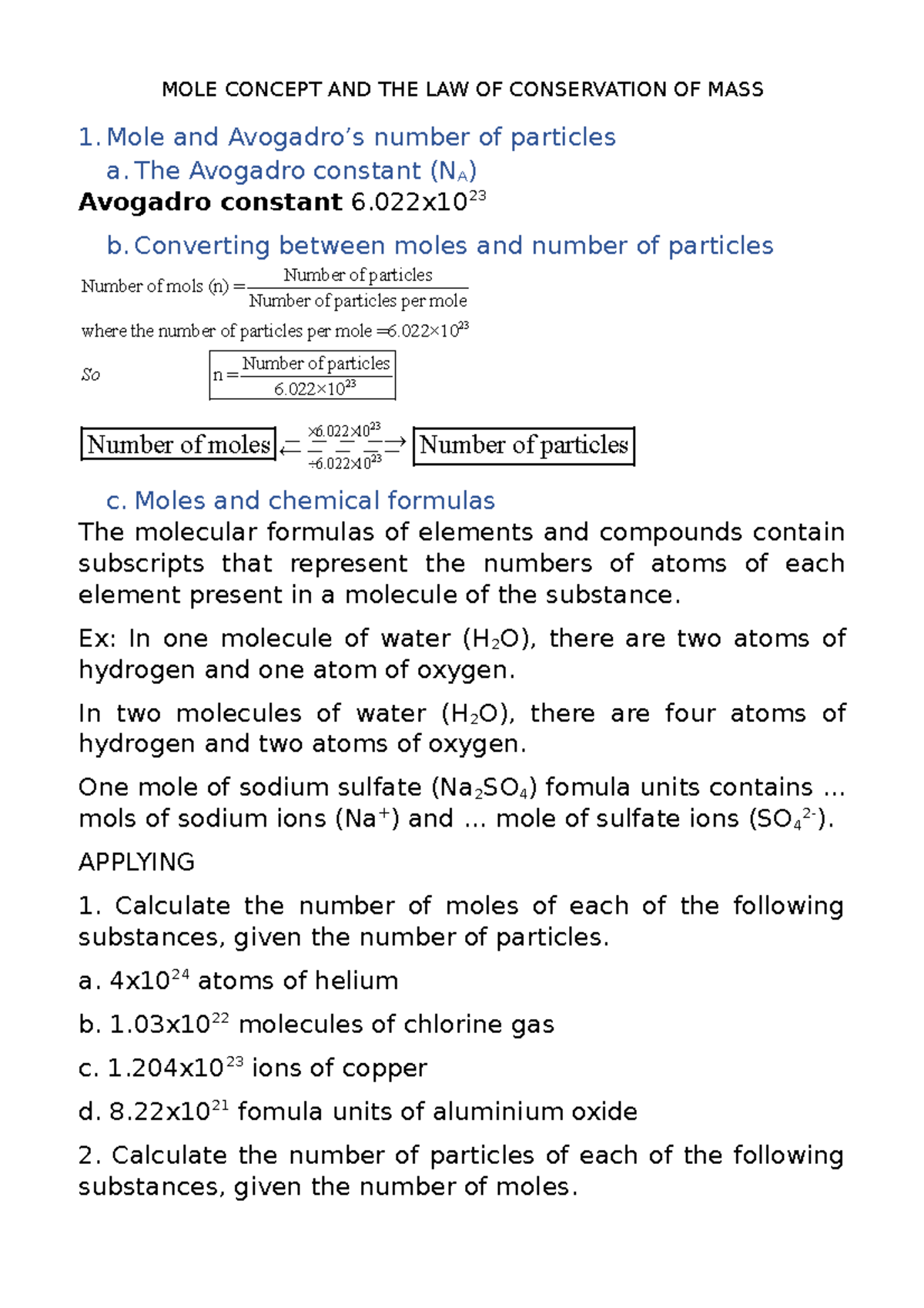MOLE Concept AND THE LAW OF Conservation OF MASS - MOLE CONCEPT AND THE ...