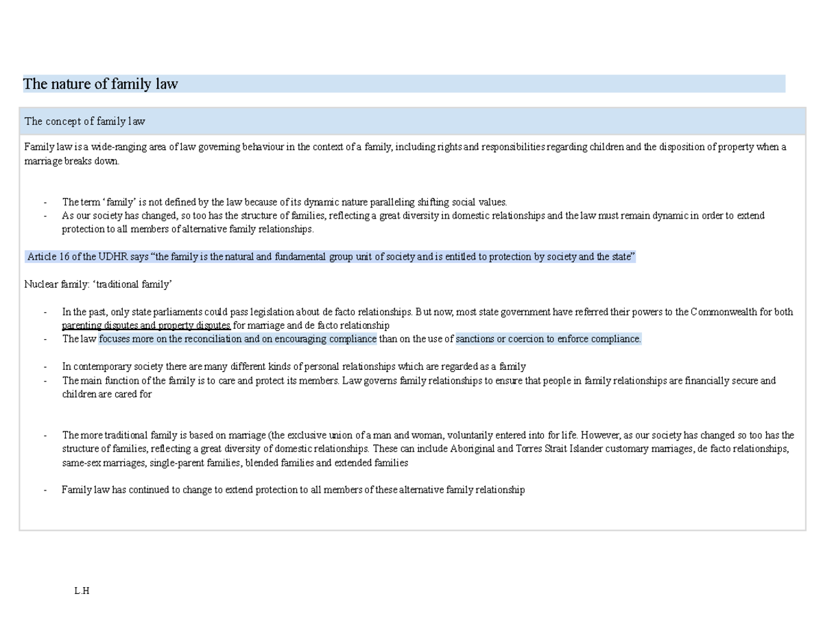 LCM Family - legal study notes - The nature of family law The concept ...