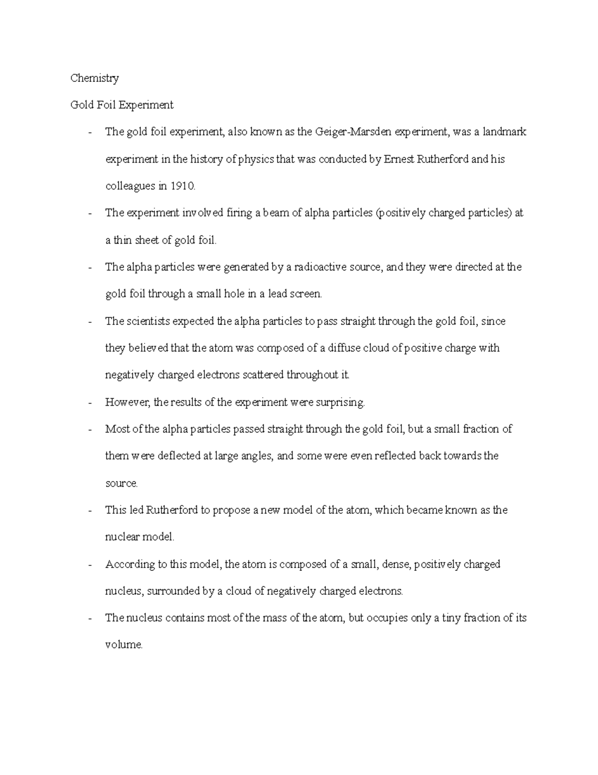Chemistry-Gold Foil Experiment - The experiment involved firing a beam ...