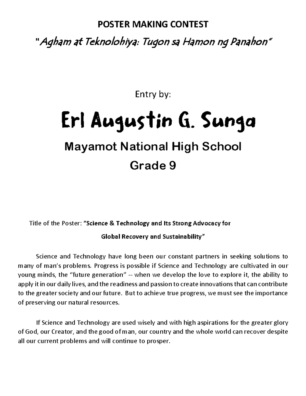 Poster Making Entry-ERL Augustin G. Sunga - POSTER MAKING CONTEST ...