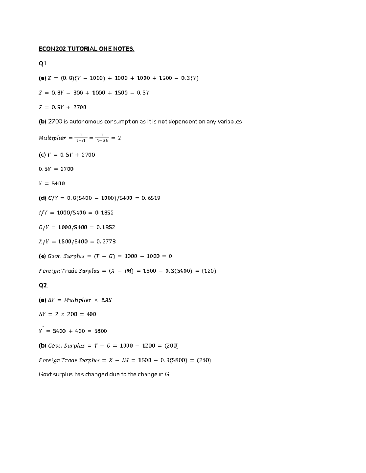 Tutorial 1 Notes Econ202 Tutorial One Notes Q1 A рќ ќ 0 8 рќ њ в