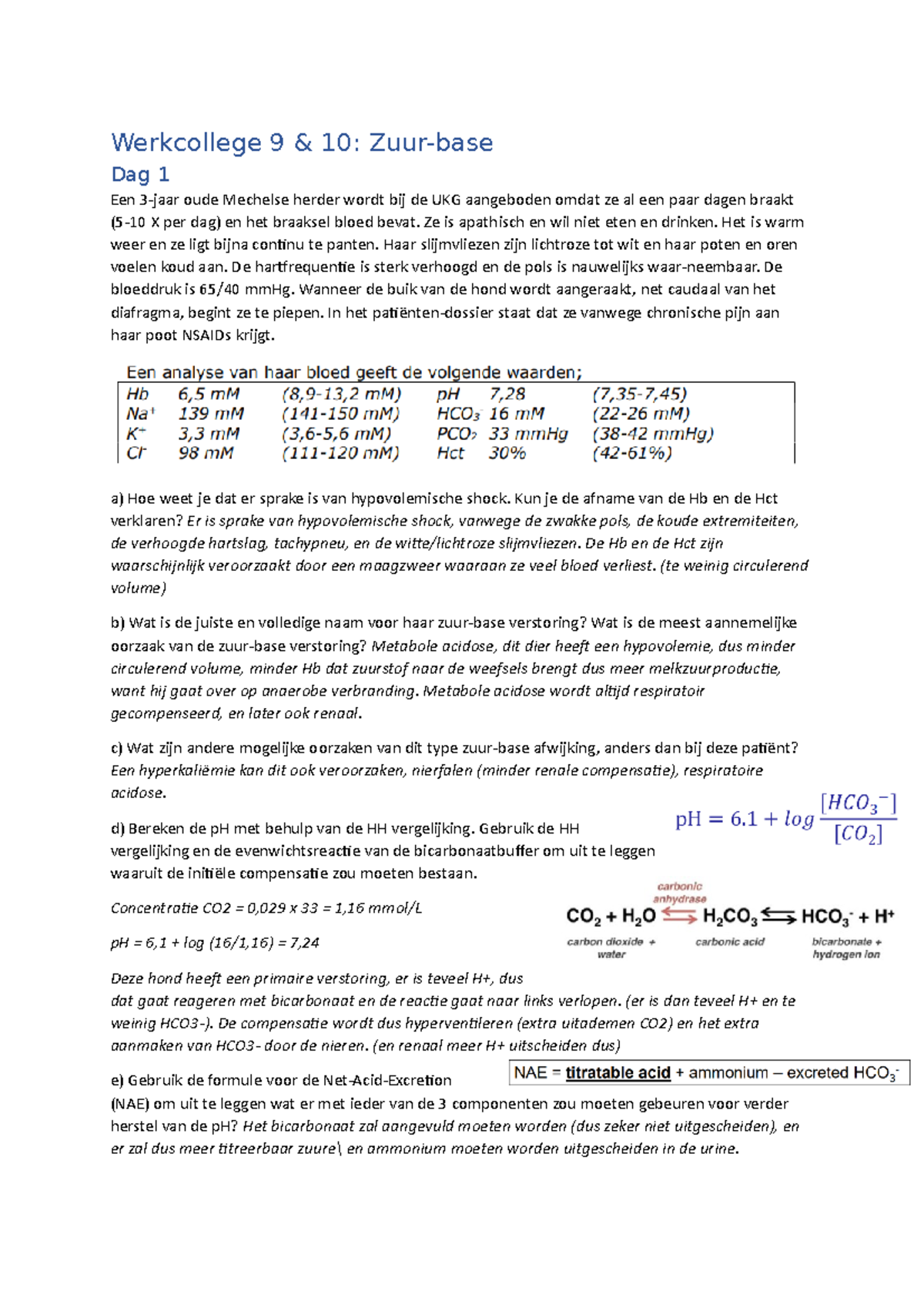 Werkcollege 9 en 10 Zuur base - Werkcollege 9 & 10: Zuur-base Dag 1 Een ...