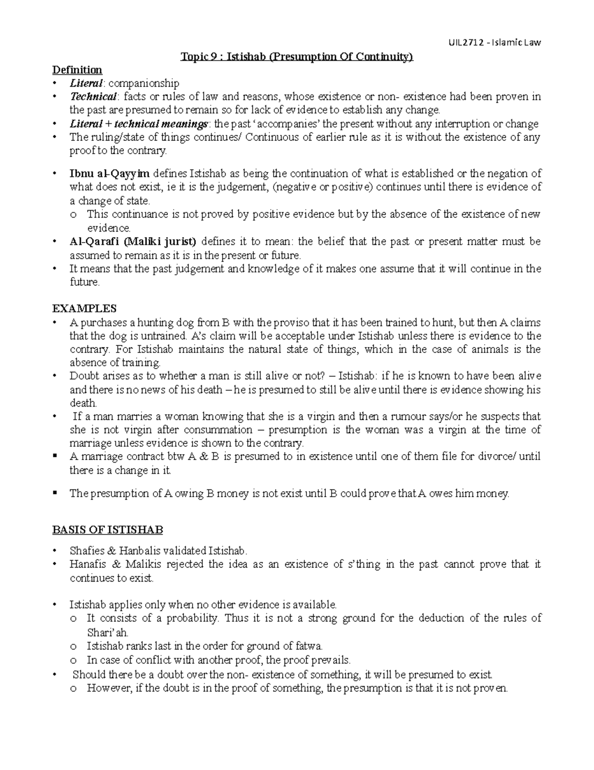 Istishab (Presumption Of Continuity) - Topic 9 : Istishab (Presumption ...