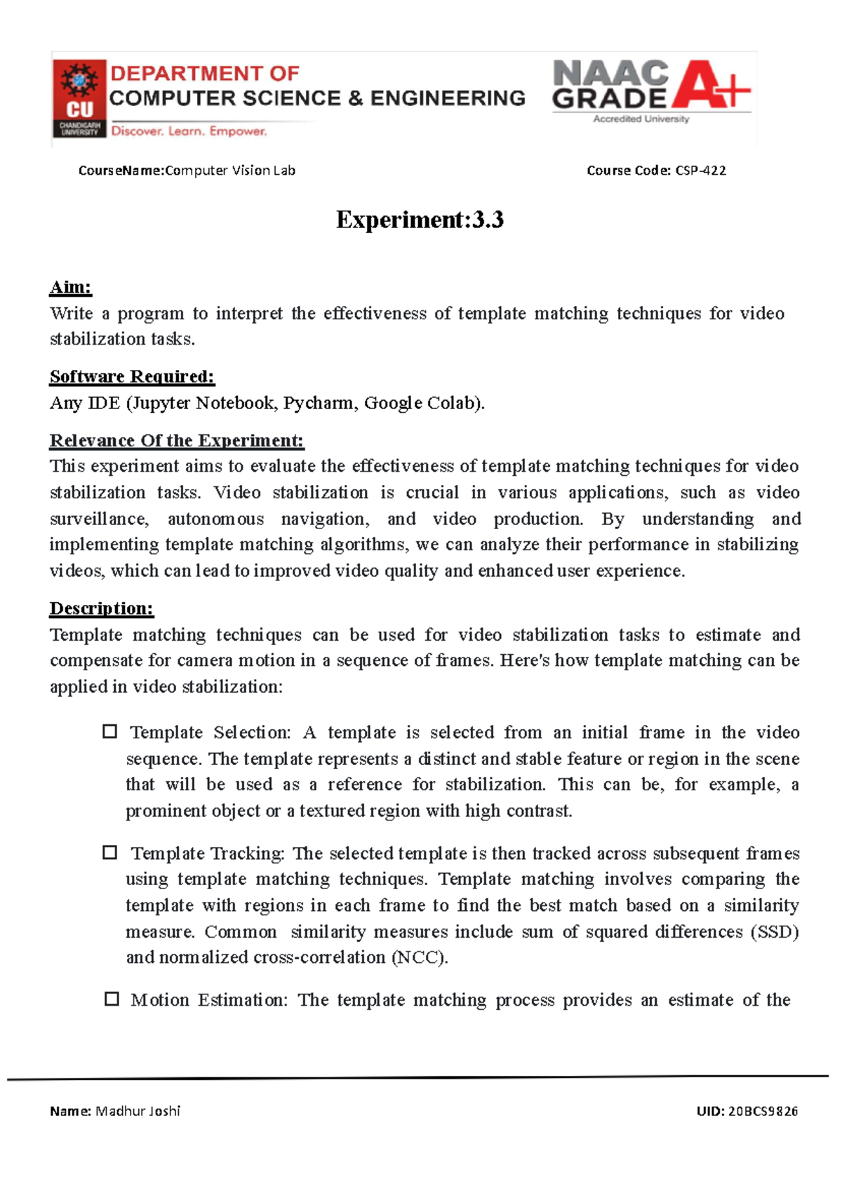 Work Sheet-10 - hhh - CourseName:Computer Vision Lab Course Code: CSP- Name: Madhur Joshi UID ...