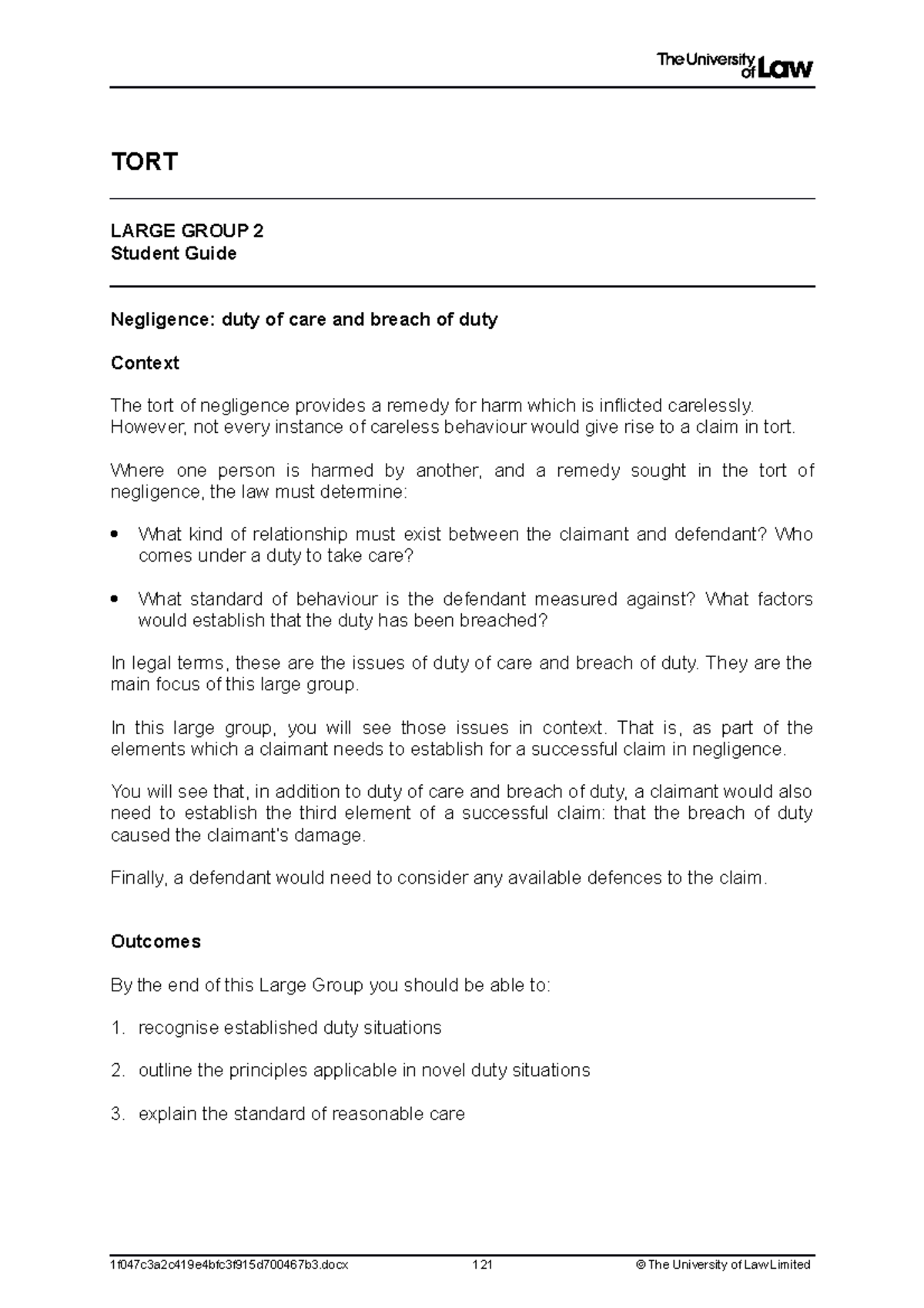 LG2 Tort Negligence duty of care and breach of duty - TORT LARGE GROUP ...