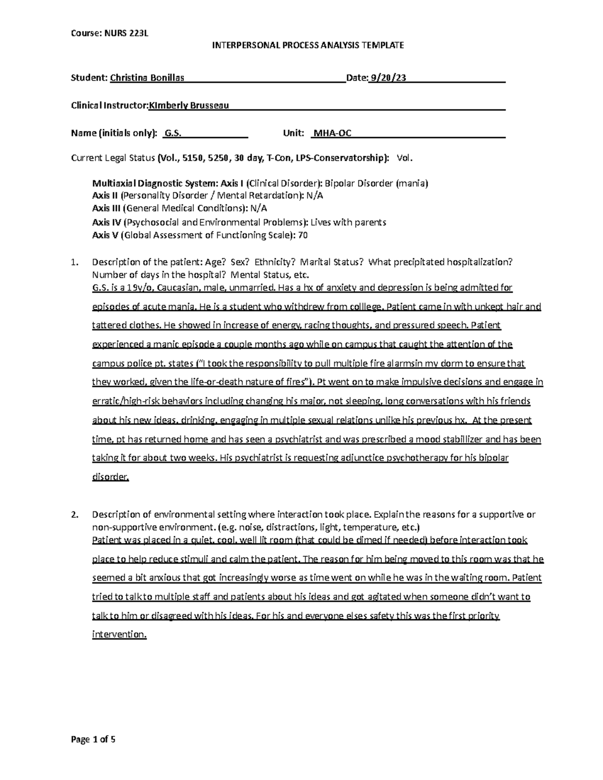 NURS 223L - Interpersonal Process Analysis Template-1 - INTERPERSONAL ...