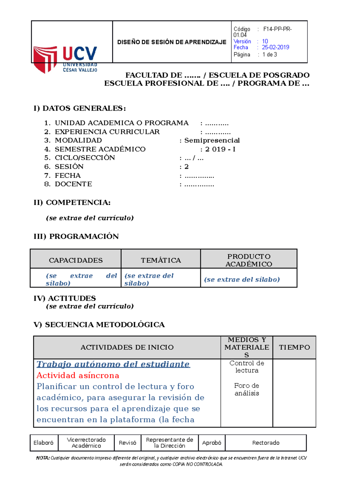 G3 - Formato sesión de aprendizaje EPG - DISEÑO DE SESIÓN DE APRENDIZAJE Código : F14-PP-PR- 01 ...