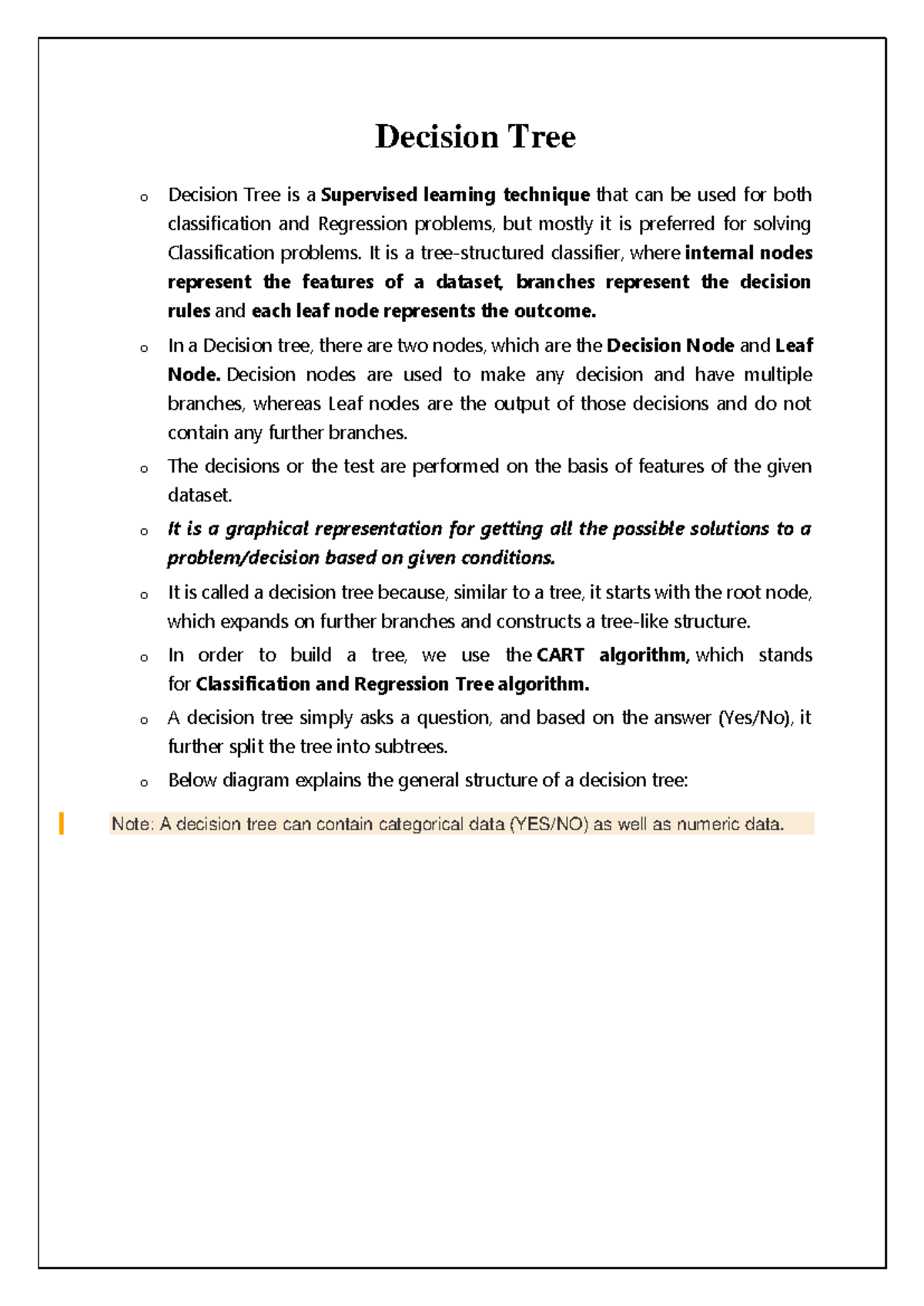 Descion tree in machine learning - Decision Tree o Decision Tree is a ...