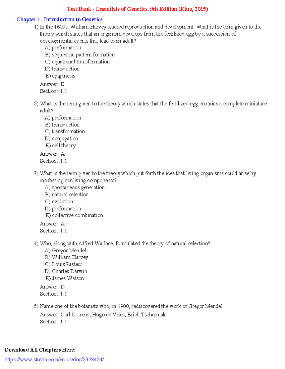 Test Bank - Essentials of Genetics, 9th Edition (Klug, 2015) - Chapter ...