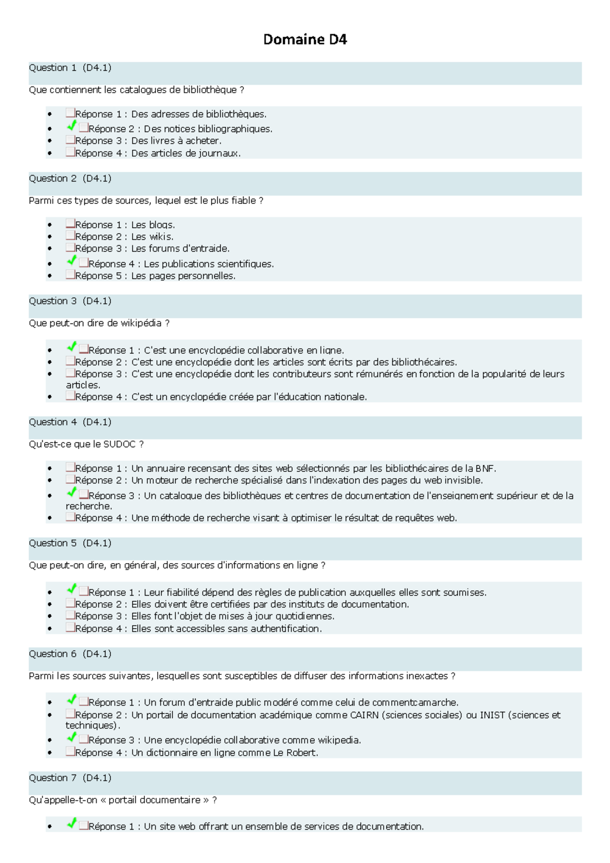 Informatique cours 4, TC - Domaine D Question 1 (D4) Que contiennent les catalogues de ...