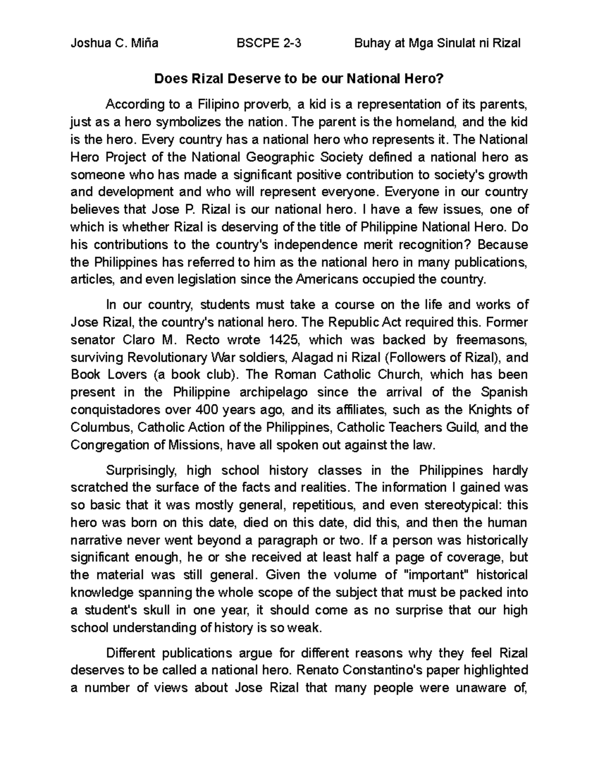 BMSR Mina Joshua Rizal AHero - Does Rizal Deserve to be our National ...