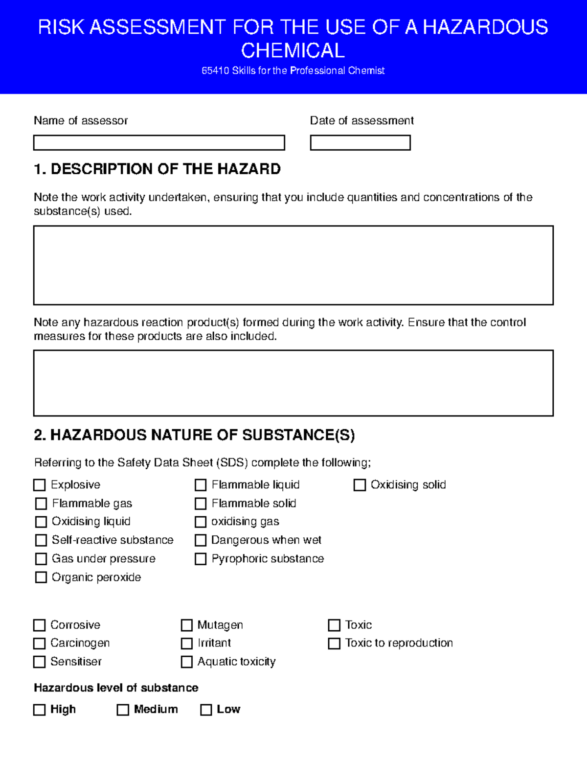Hazardous Chemical Template auto - RISK ASSESSMENT FOR THE USE OF A ...