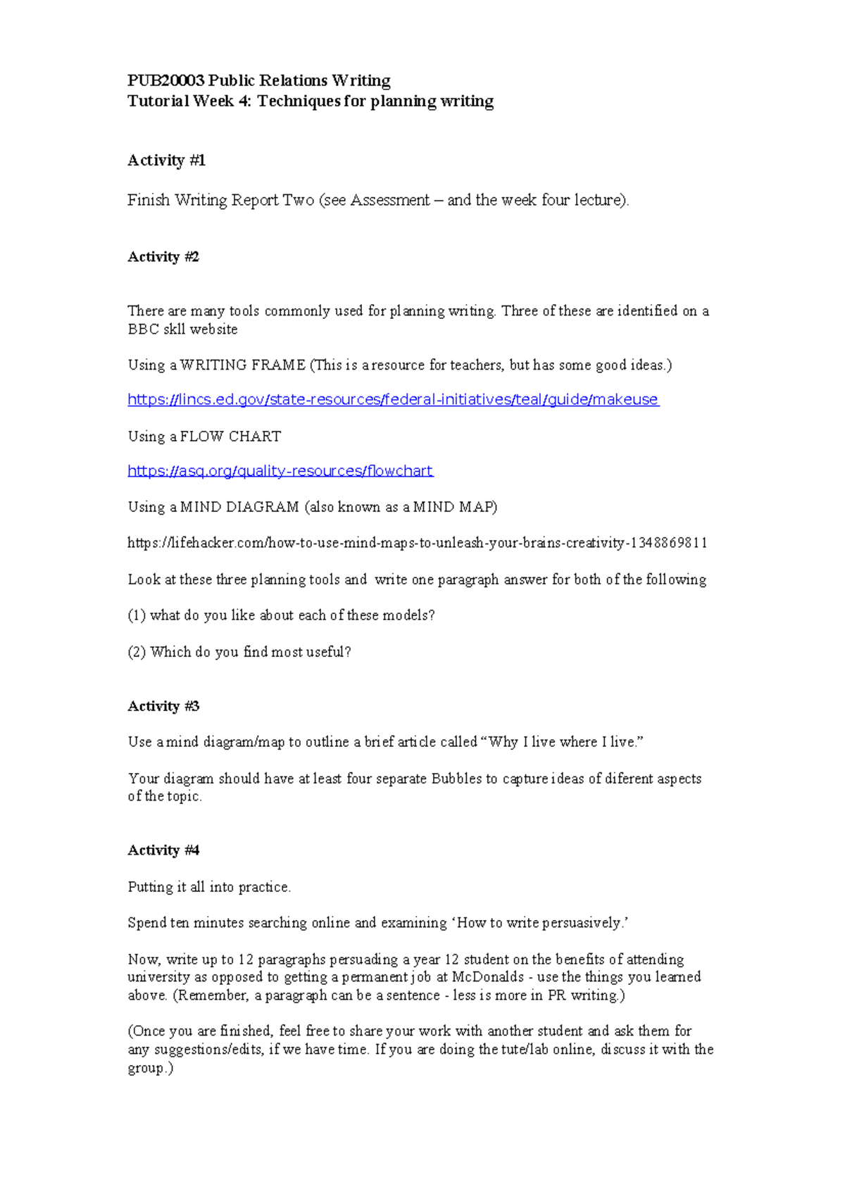 Week 4 in-class Tute work sheet - PUB20003 Public Relations Writing Tutorial Week 4: Techniques ...