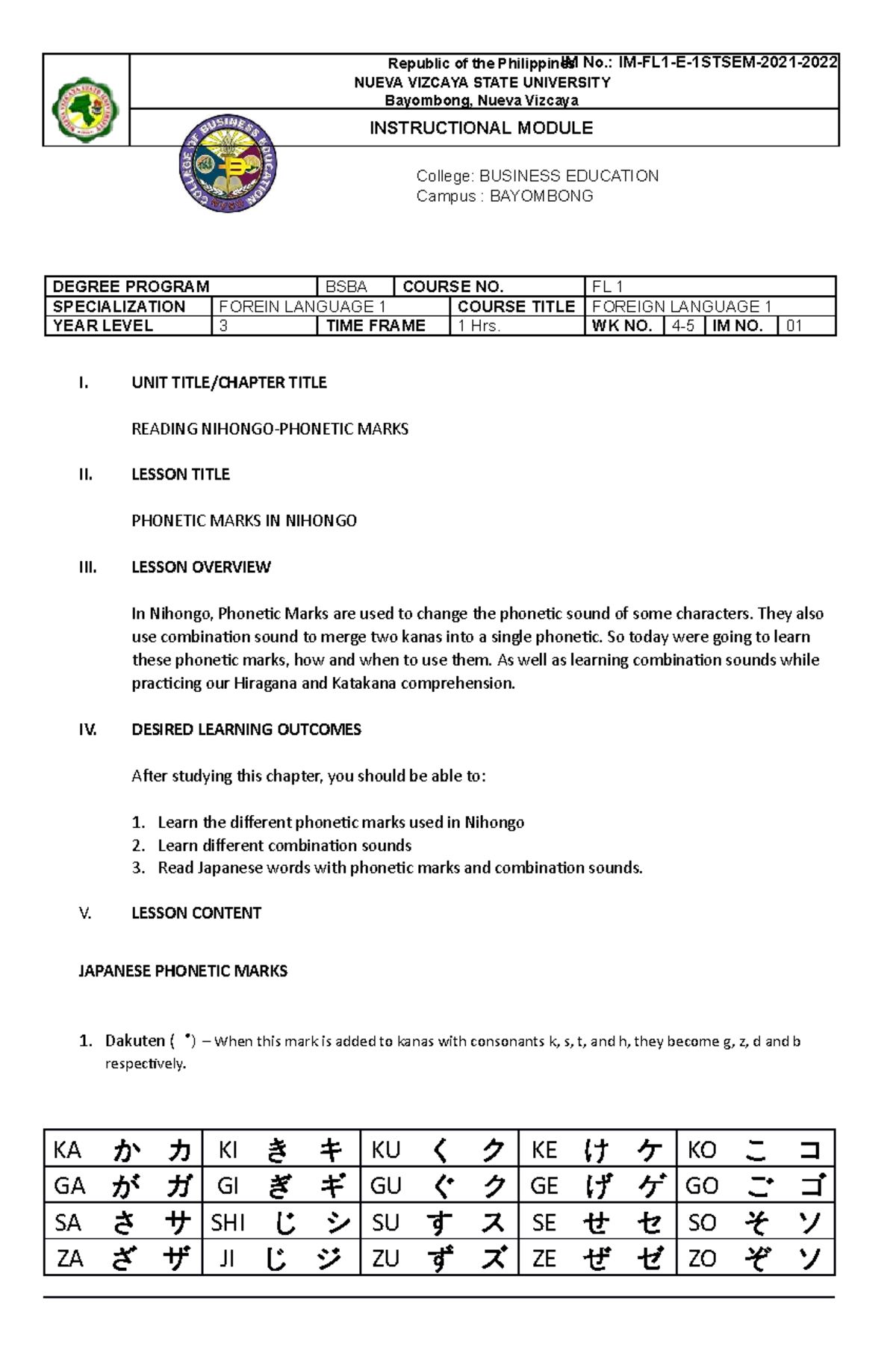 FL-Lesson-3 - Module - College: BUSINESS EDUCATION Campus : BAYOMBONG ...