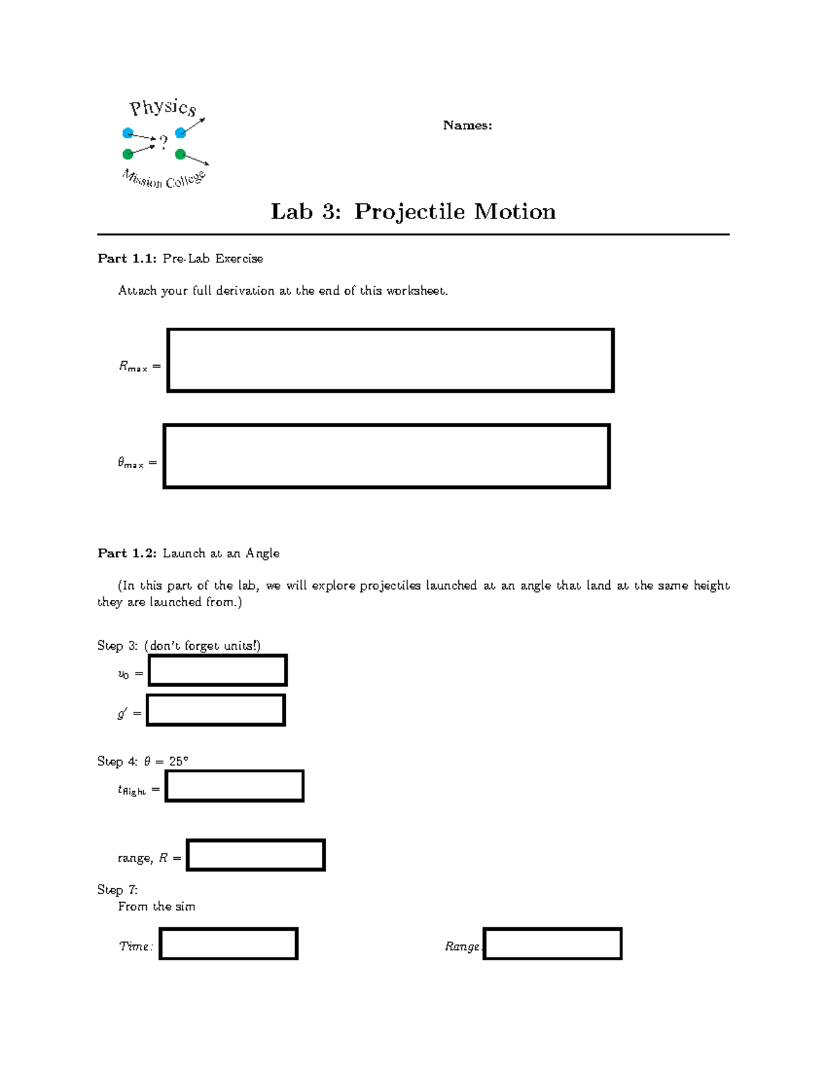 4ALab3-Worksheet - lab work - Names: Lab 3: Projectile Motion Part 1 ...