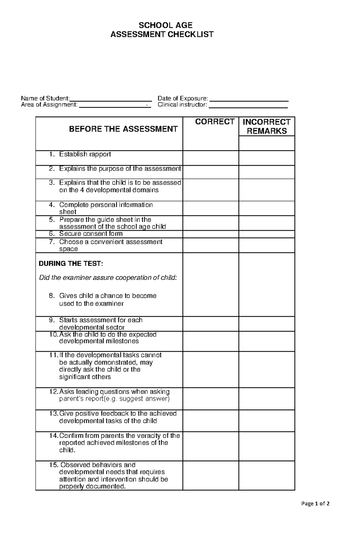 N13 School AGE Assessment Checklist - Page 1 of 2 SCHOOL AGE ASSESSMENT ...