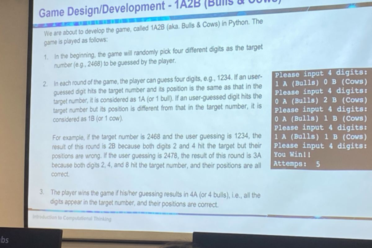 SC1003 Week 8 Code Bull and Cow - Game 1A2B We are about to develop the game, called 1A2B (aka ...