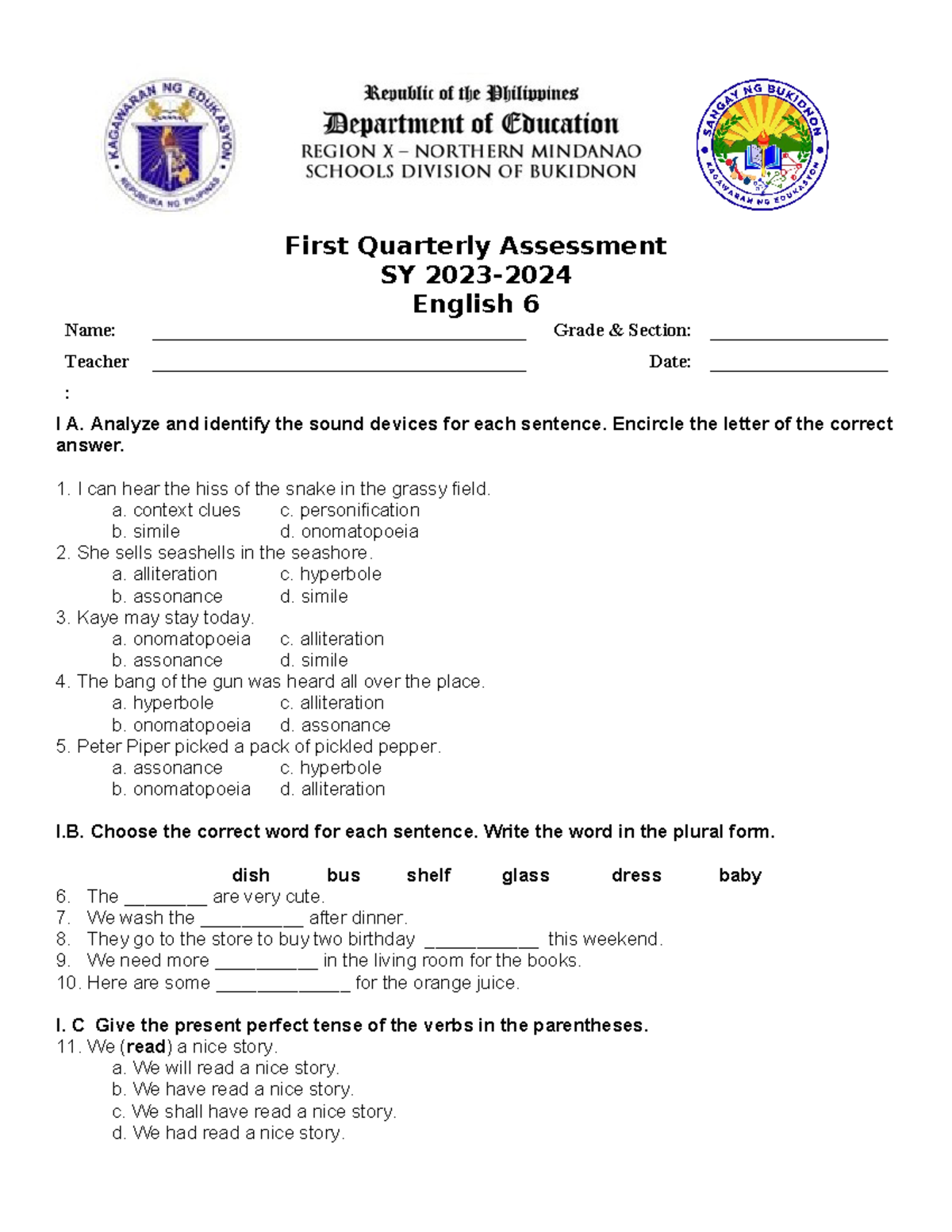 Grade-6-English - Grade-6-English - First Quarterly Assessment SY 2023 ...
