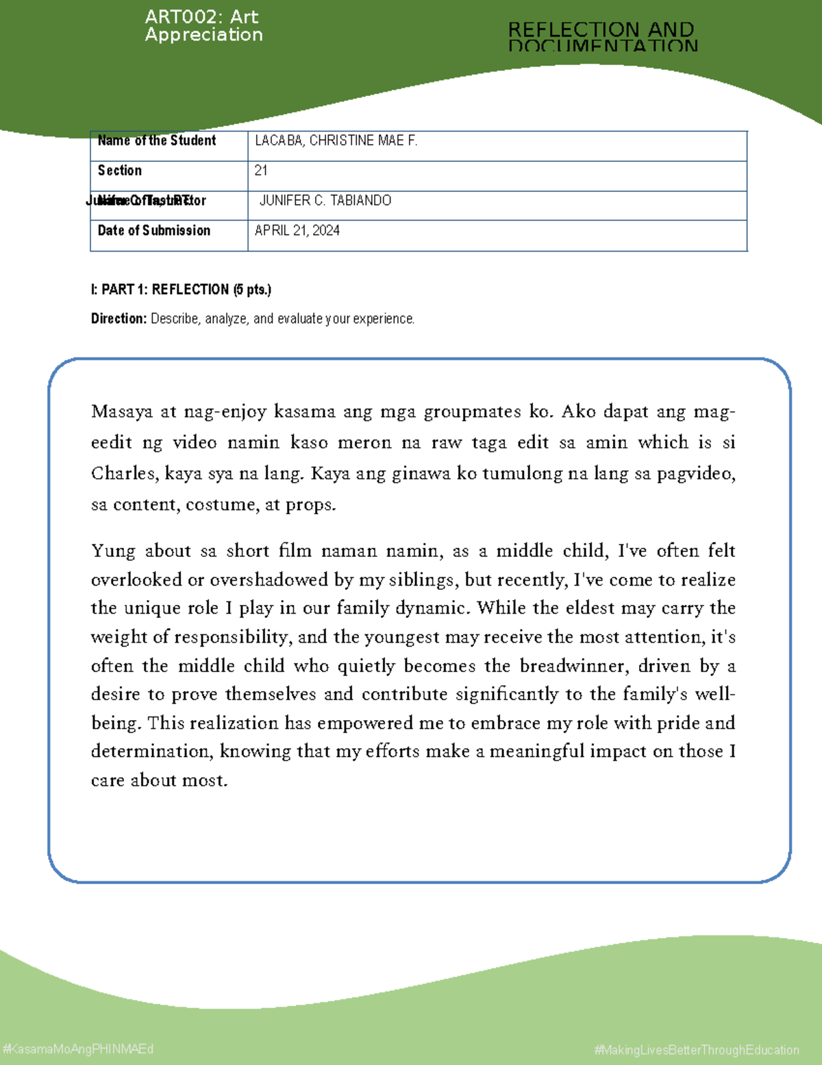 Copy of Art002 P3 Reflection and Documentation - ART002: Art ...