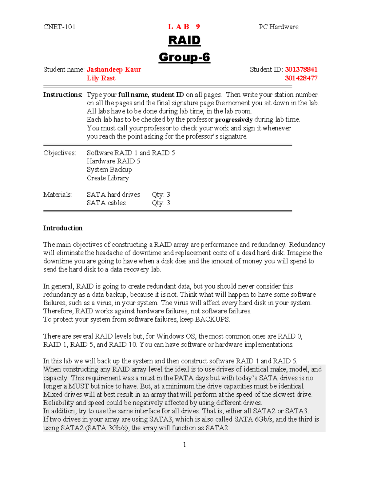 LAB 9 - RAID-Group 6 - Lab - RAID Group- Student name: Jashandeep Kaur ...