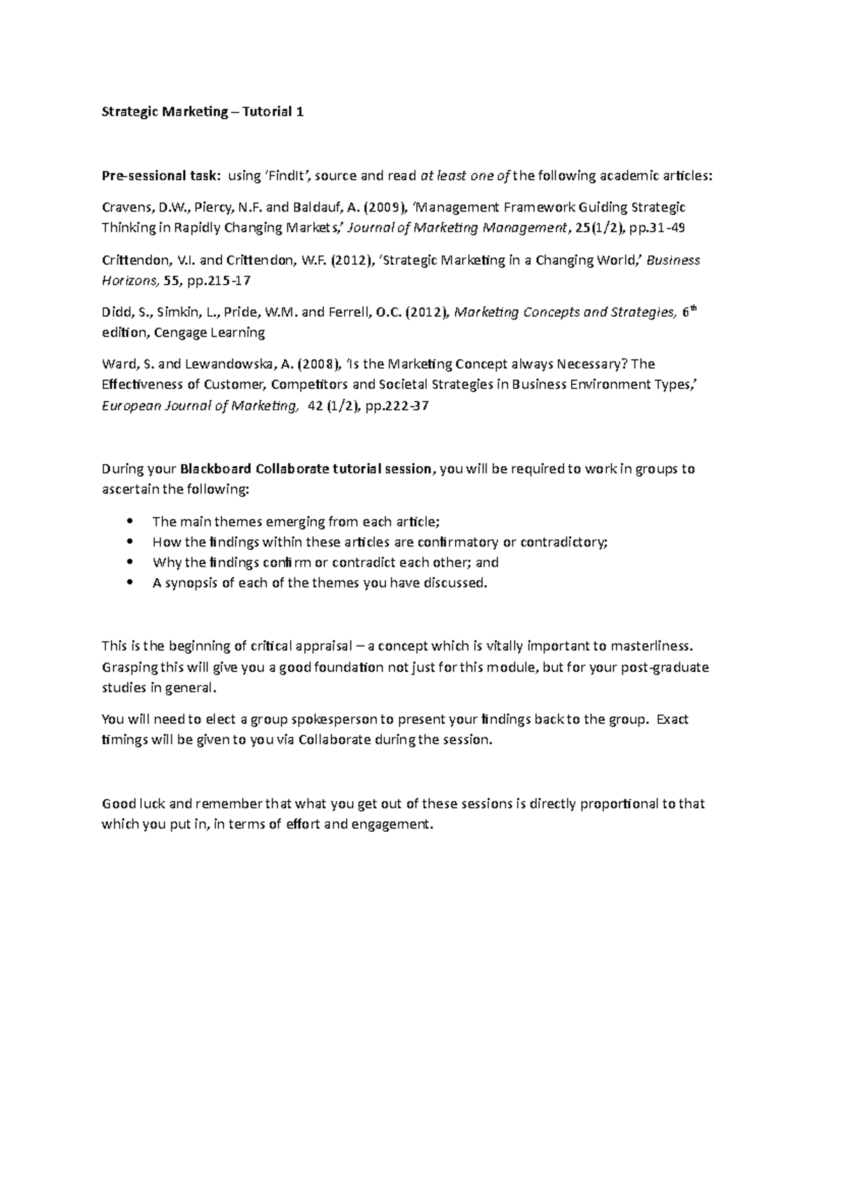 Tutorial 1 activity - notes - Strategic Marketing – Tutorial 1 Pre ...