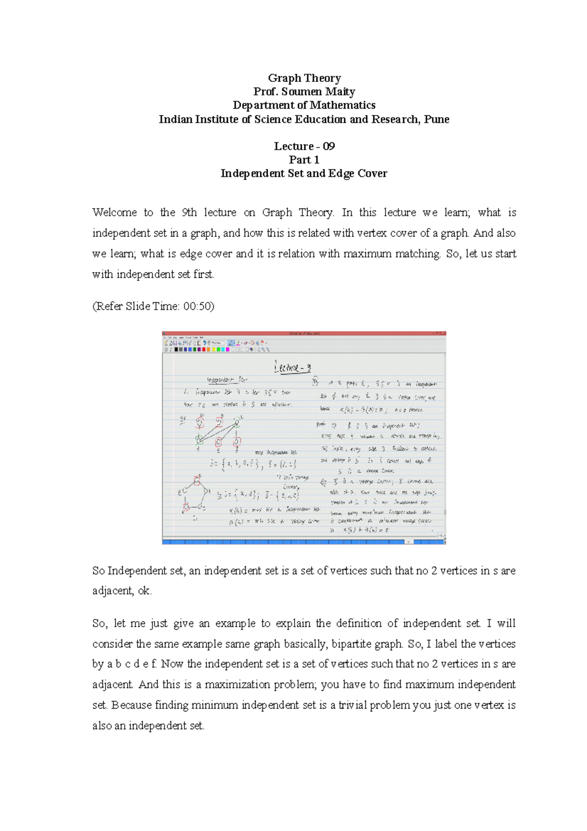 Lec17 Class Notes Of Professor Bala Subramaniyam Graph Theory Prof Soumen Maity Department 