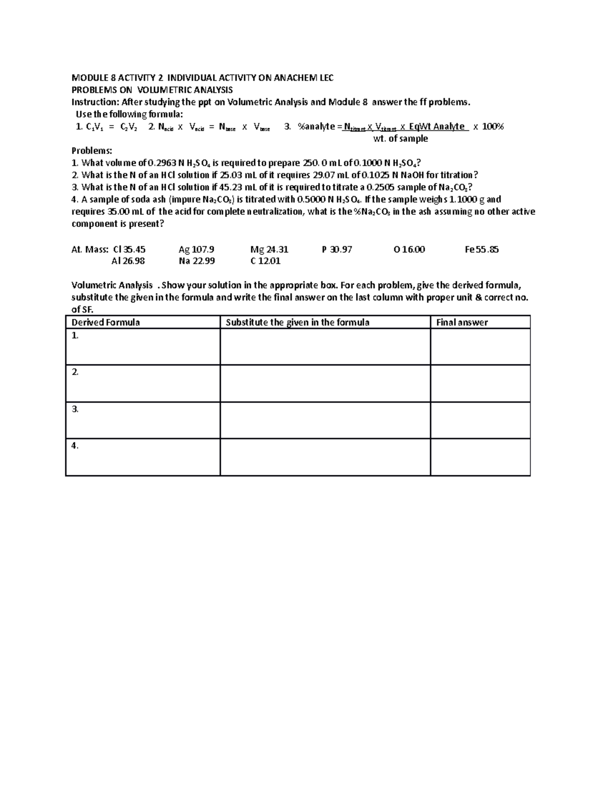 Module 8 Act 2 Anachem Lec - MODULE 8 ACTIVITY 2 INDIVIDUAL ACTIVITY ON ...