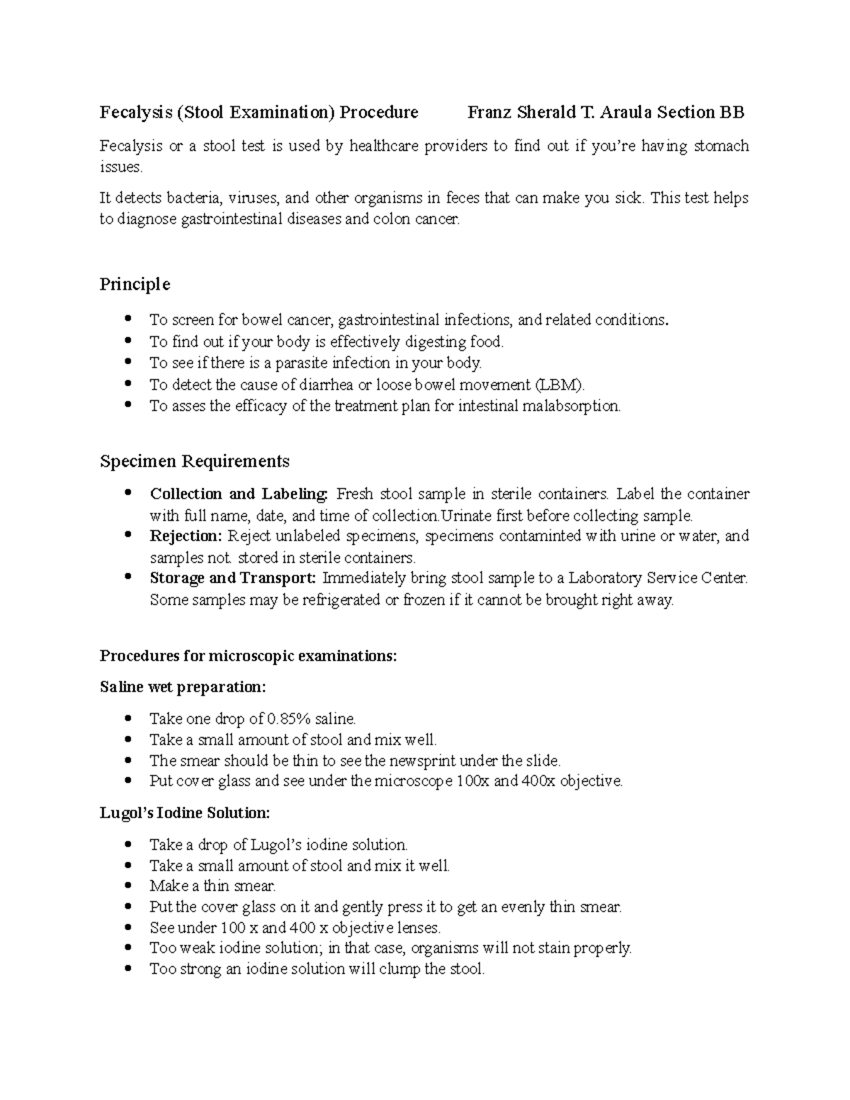 Fecalysis- Technical- Procedure - Fecalysis (Stool Examination ...