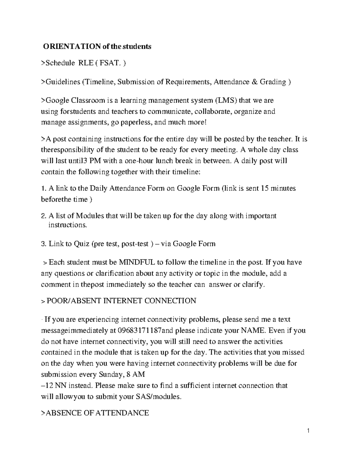 Orientation Guide - A list of Modules that will be taken up for the day ...