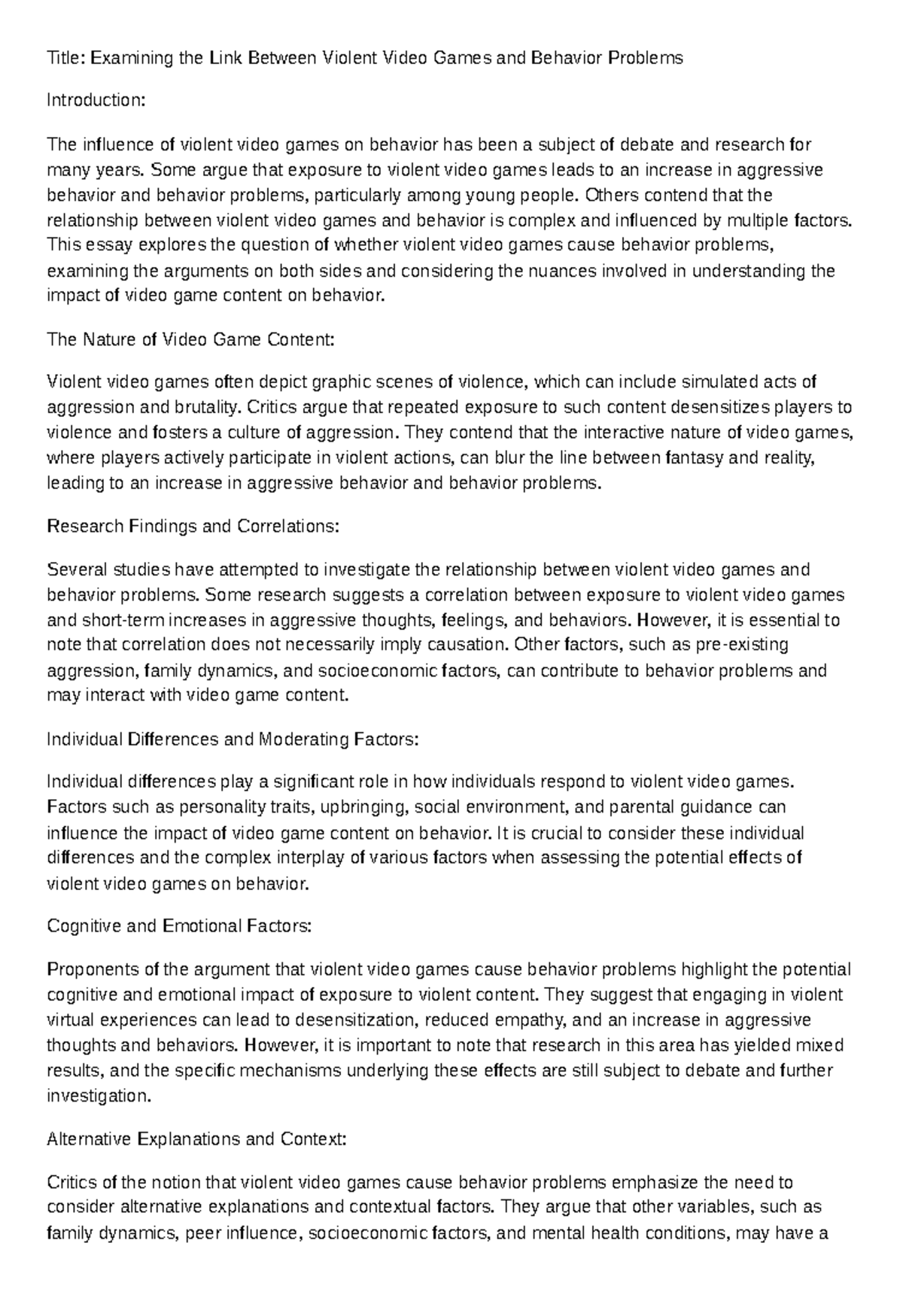 Title Examining the Link Between Violent Video Games and Behavior ...