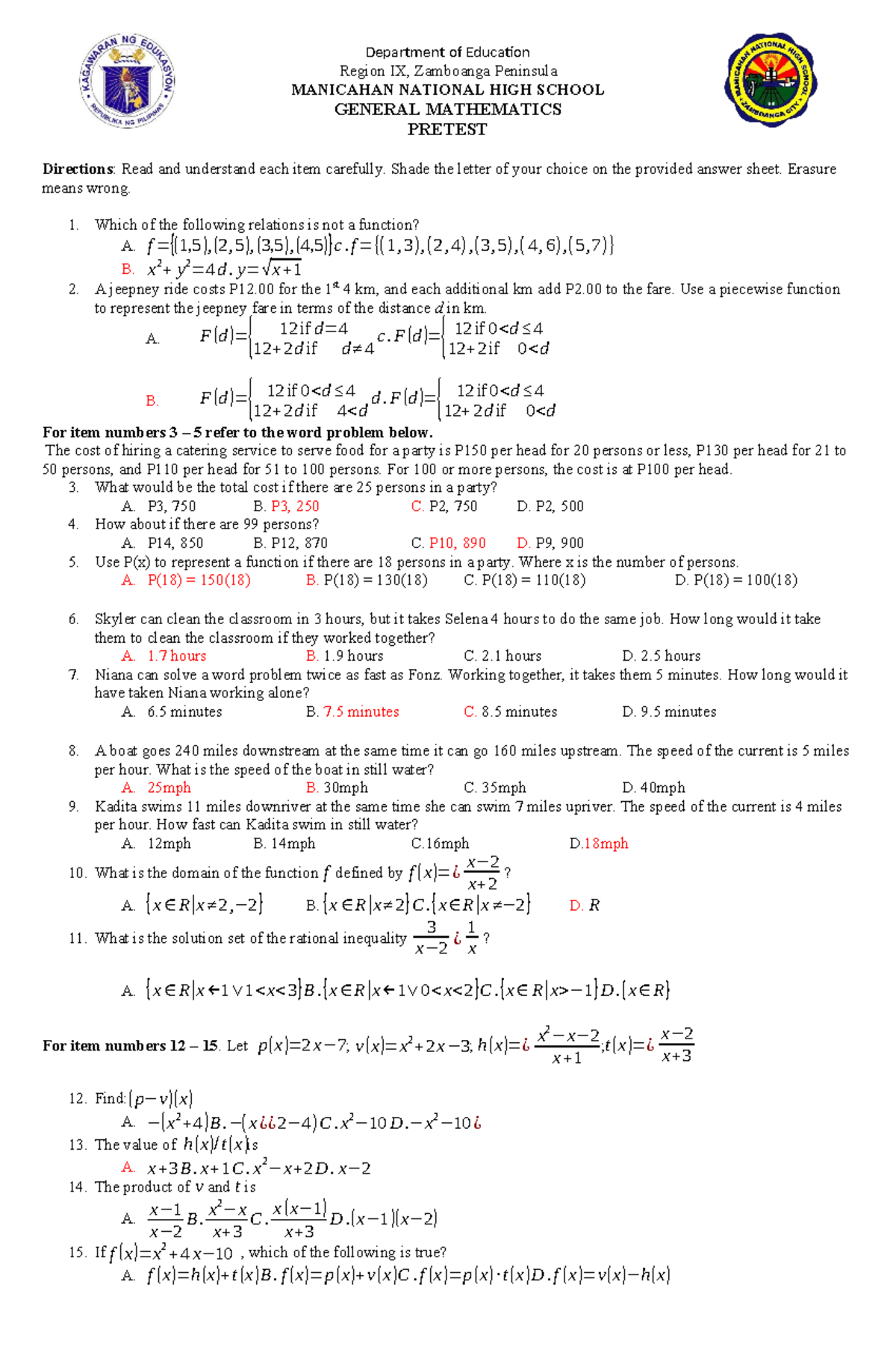 Pretest- Genmath 1st Quarter Blank - Department of Education Region IX ...
