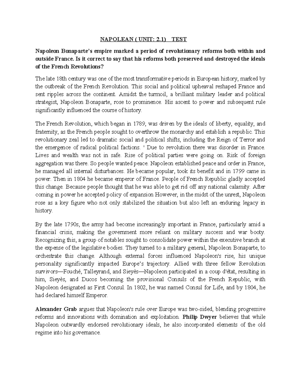 history of modern europe - NAPOLEAN ( UNIT: 2) TEST Napoleon Bonaparte ...