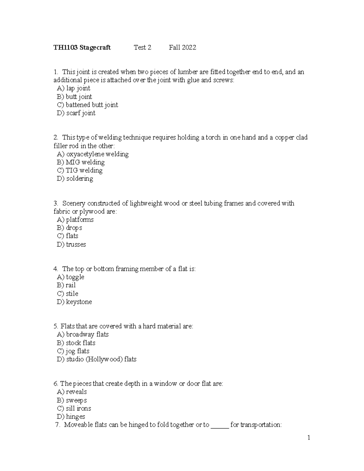 TH1103Stagecraft Test 2and Key Fall 2022 - TH1103 Stagecraft Test 2 ...