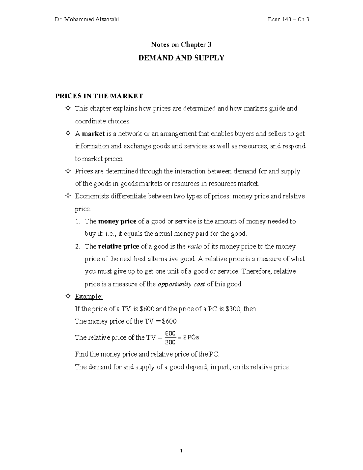 Supply and demand notes - Dr. Mohammed Alwosabi Econ 140 – Ch Notes on ...