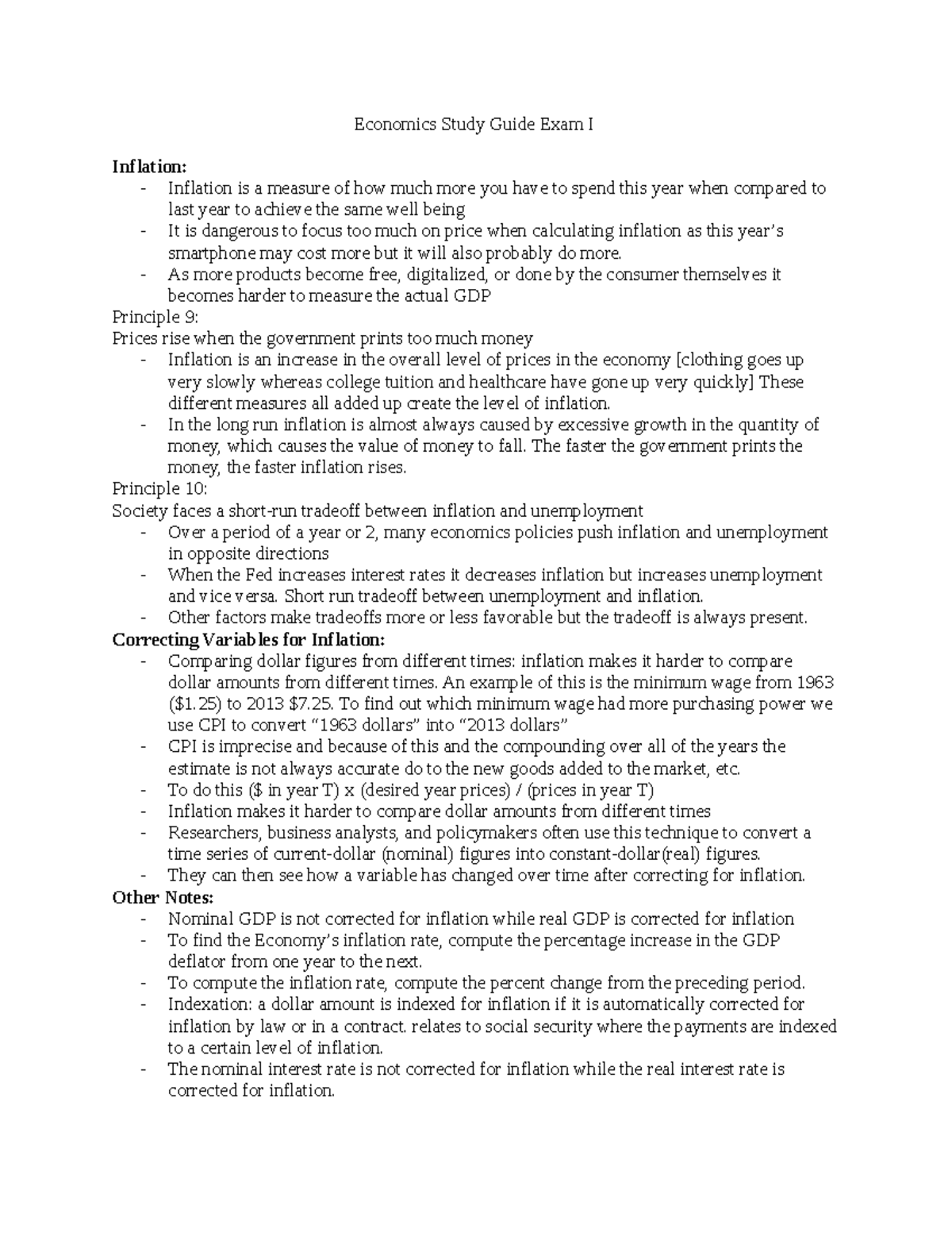 Economics Study Guide Exam I - Economics Study Guide Exam I Inflation ...