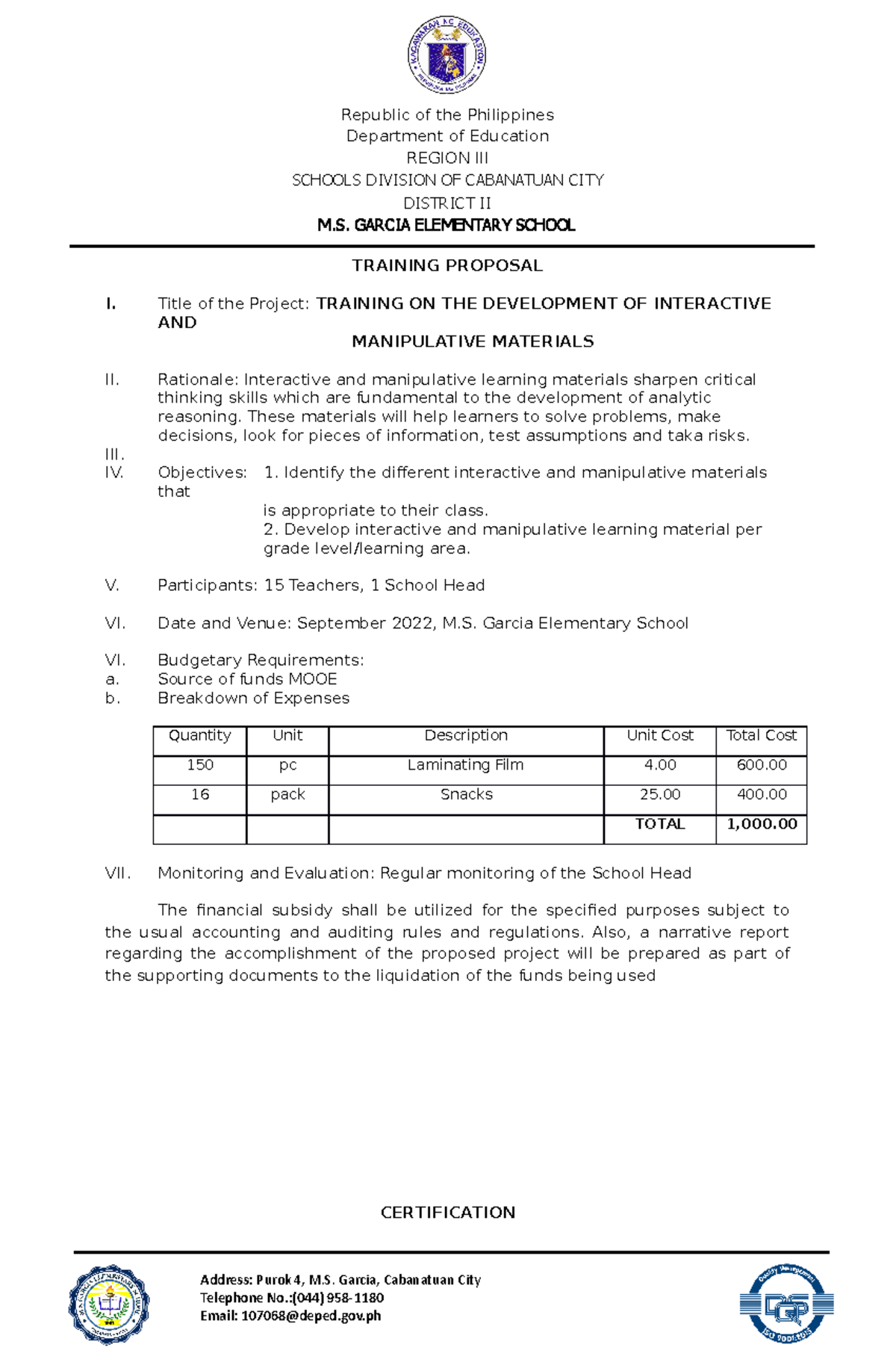 Project Proposal Devtof Interactiveand Manipulative - Address: Purok 4 ...