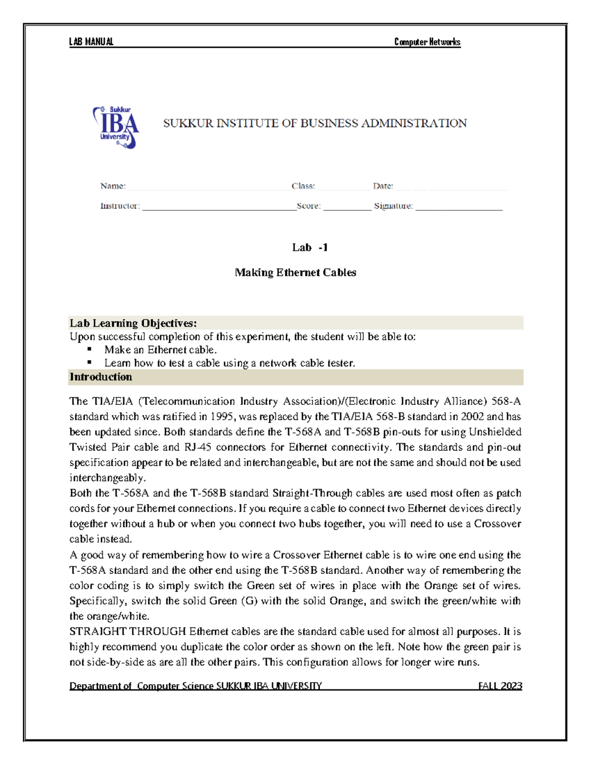 LAB One - Introduction The TIA/EIA (Telecommunication Industry ...