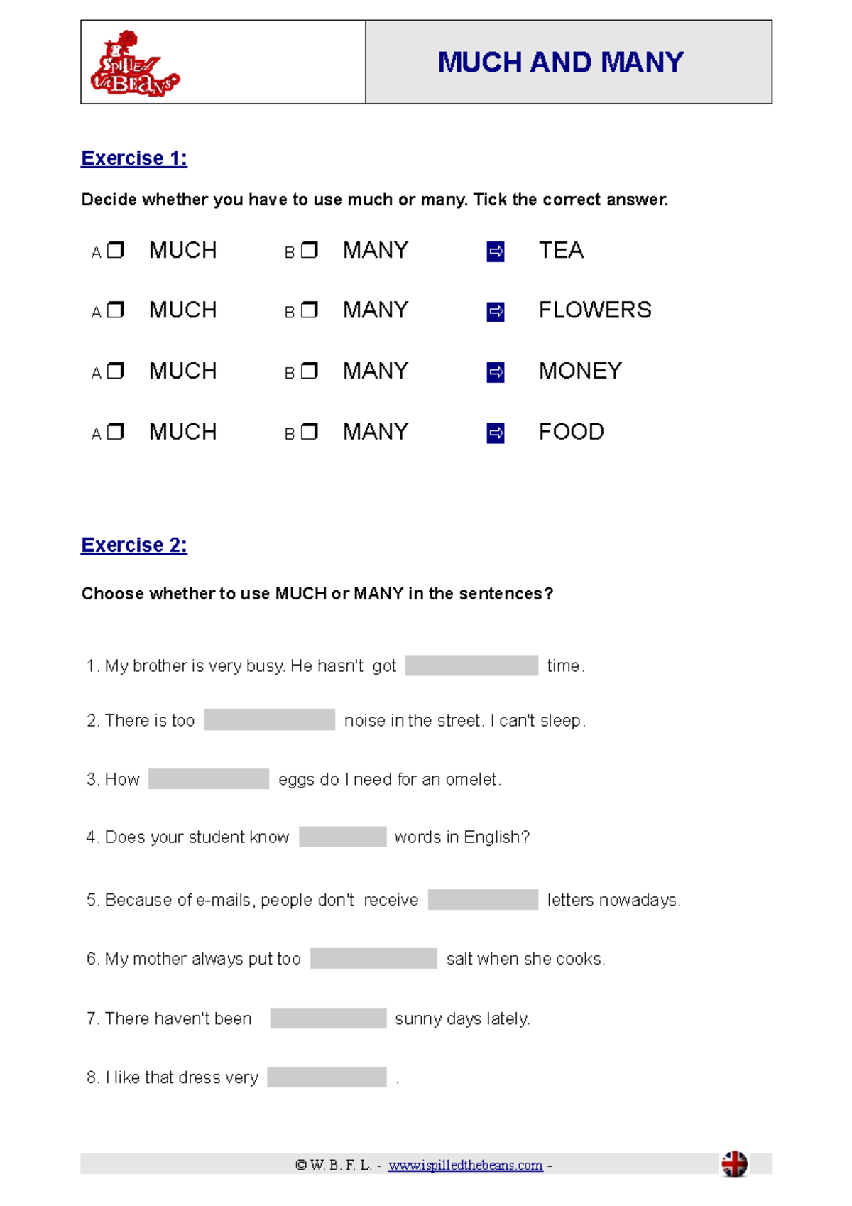 Exercises Much Many - Apuntes - MUCH AND MANY Exercise 1: Decide ...