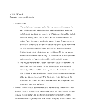 Assessing Student Learning task 4 revisions - A. A written summary in a 5th grade classroom for ...