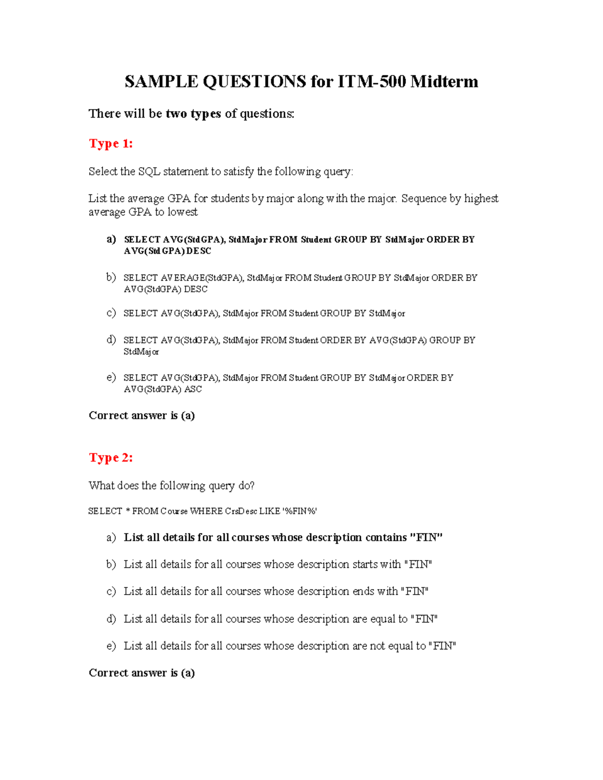 Sample Midterm Questions - SAMPLE QUESTIONS for ITM-500 Midterm There will be two types of - Studocu