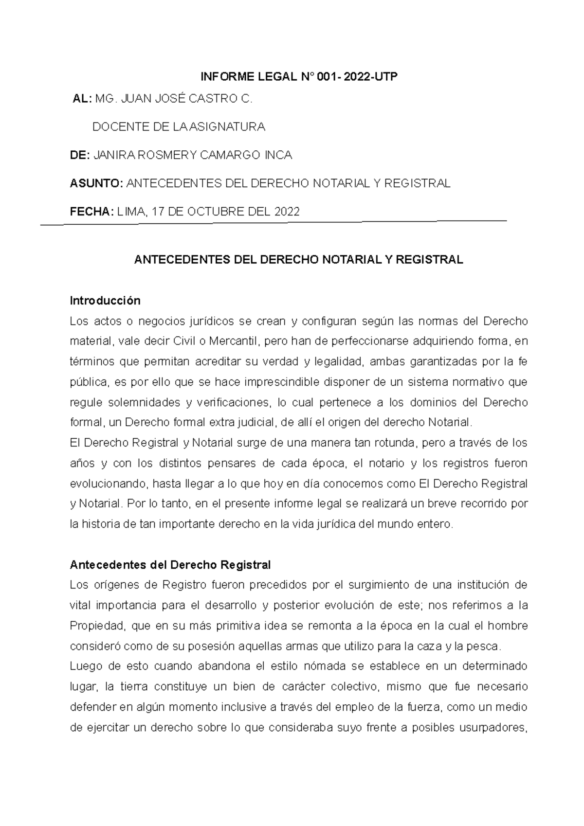 Informe Legal DE LOS Antecedentes DEL Derecho Notarial Y Registral ...