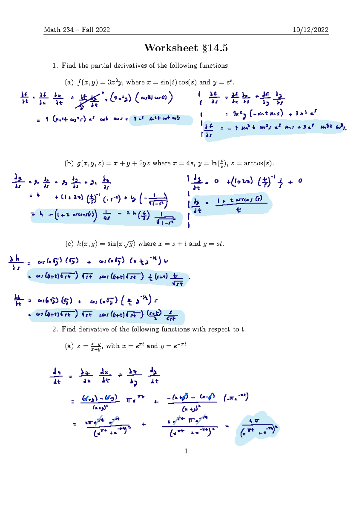 Worksheet 14.5 soln - Worksheet §14. Find the partial derivatives of ...