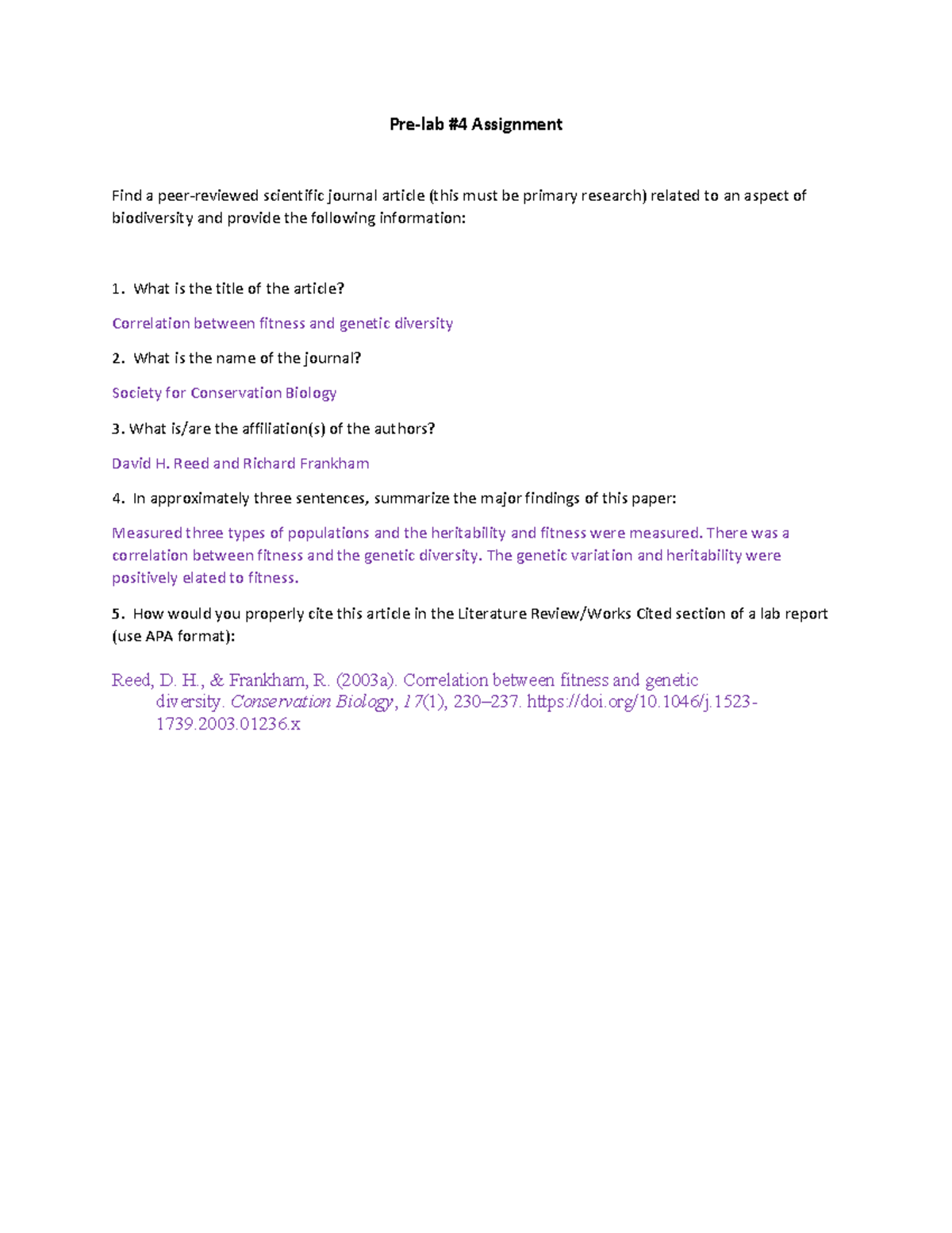 Prelab #4 Assignment - pre lab - Pre-lab #4 Assignment Find a peer-reviewed scientific journal ...