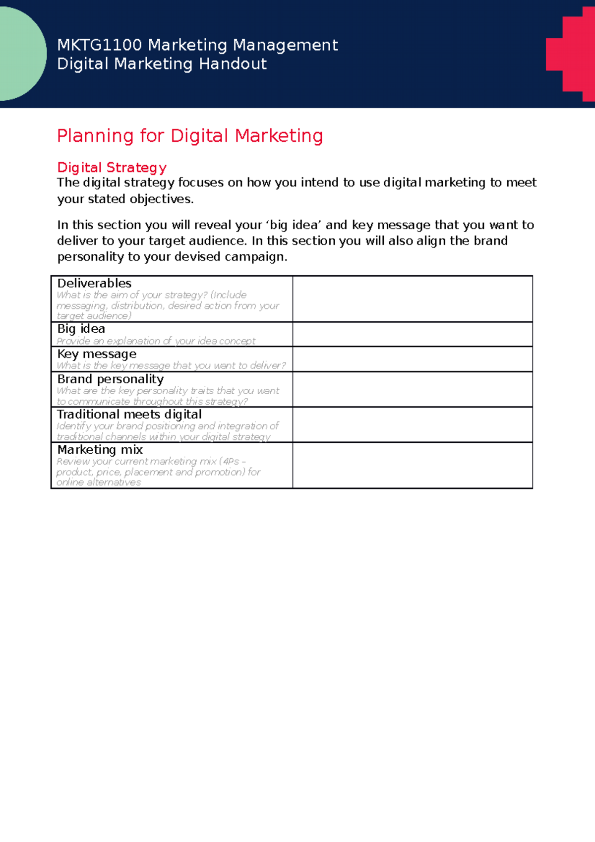 MKTG1100+Digital+marketing+plan+template - Digital Marketing Handout ...