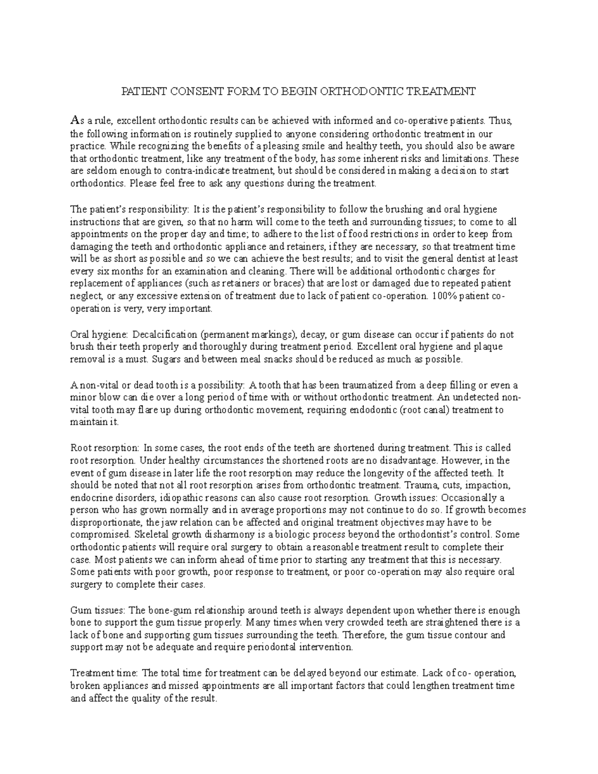 Patient Consent FORM TO Begin Orthodontic Treatment - PATIENT CONSENT ...