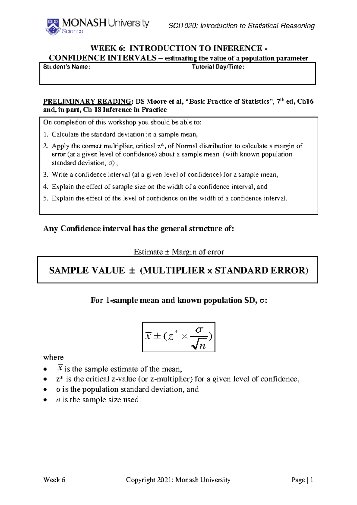 WEEK 06 - SCI1020: Introduction to Statistical Reasoning Week 6 Copyright 20 21 : Monash ...