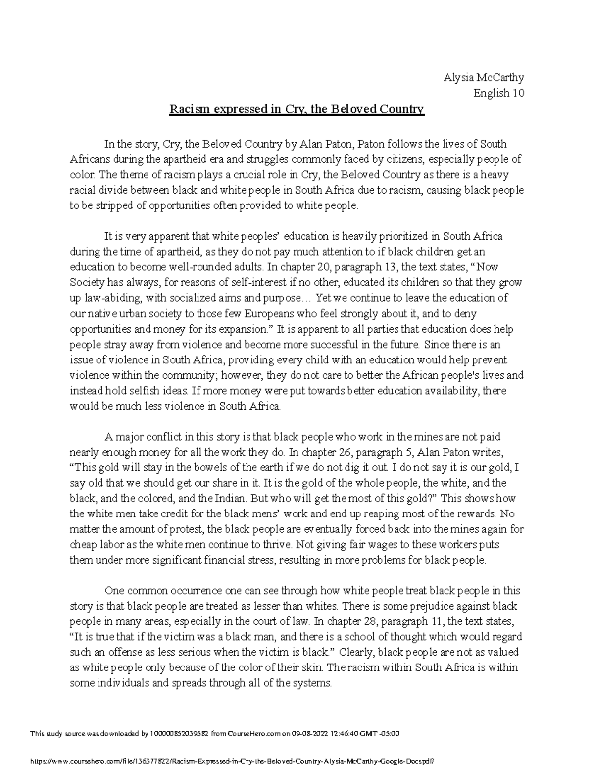 Racism Expressed in Cry the Beloved Country Alysia Mc Carthy Google ...