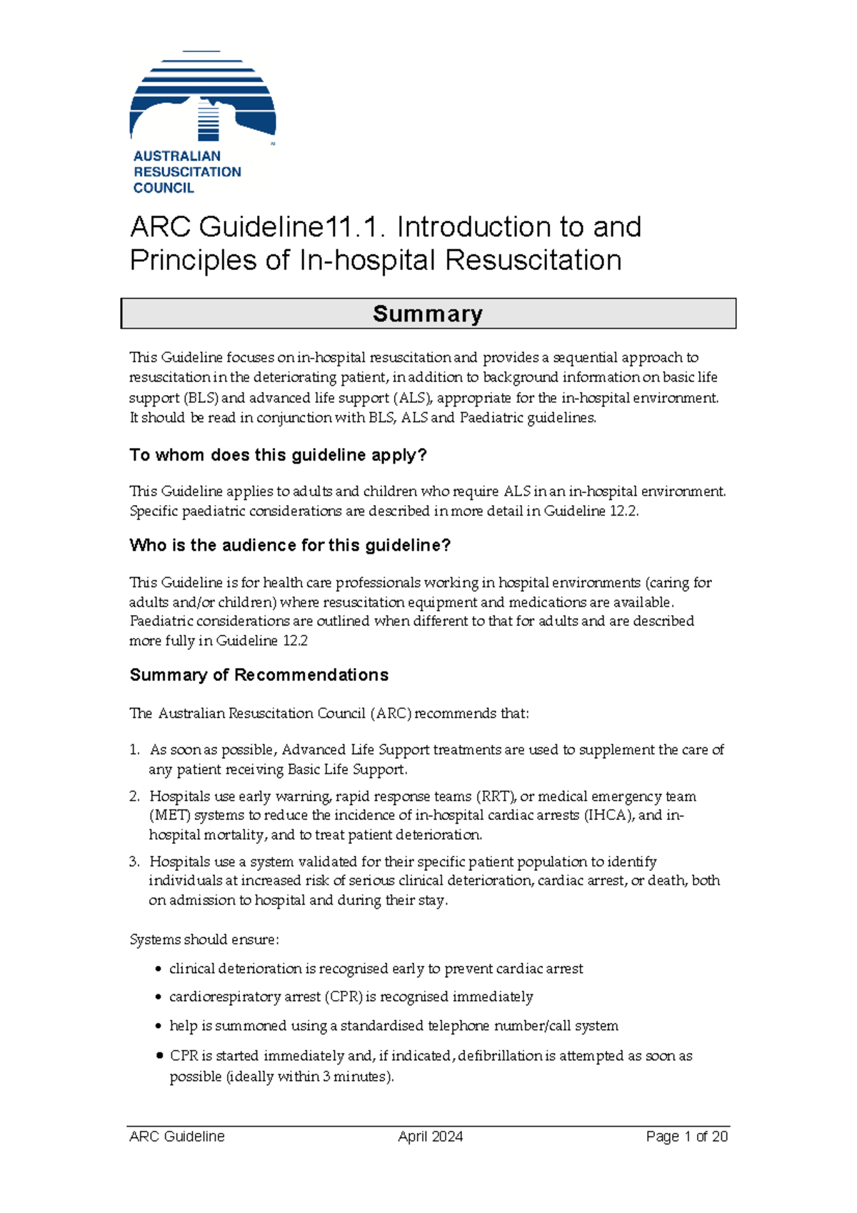 Arc guideline 11 1 introduction to and principles of in hospital ...
